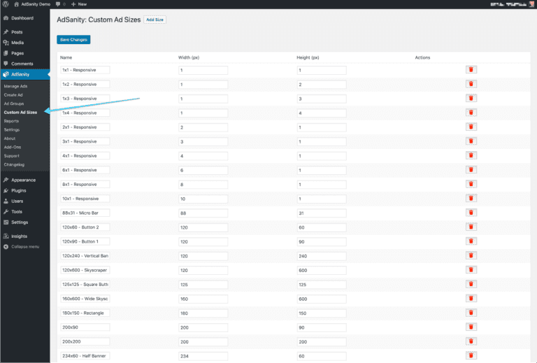 Custom Ad Sizes - The AdSanity Plugin