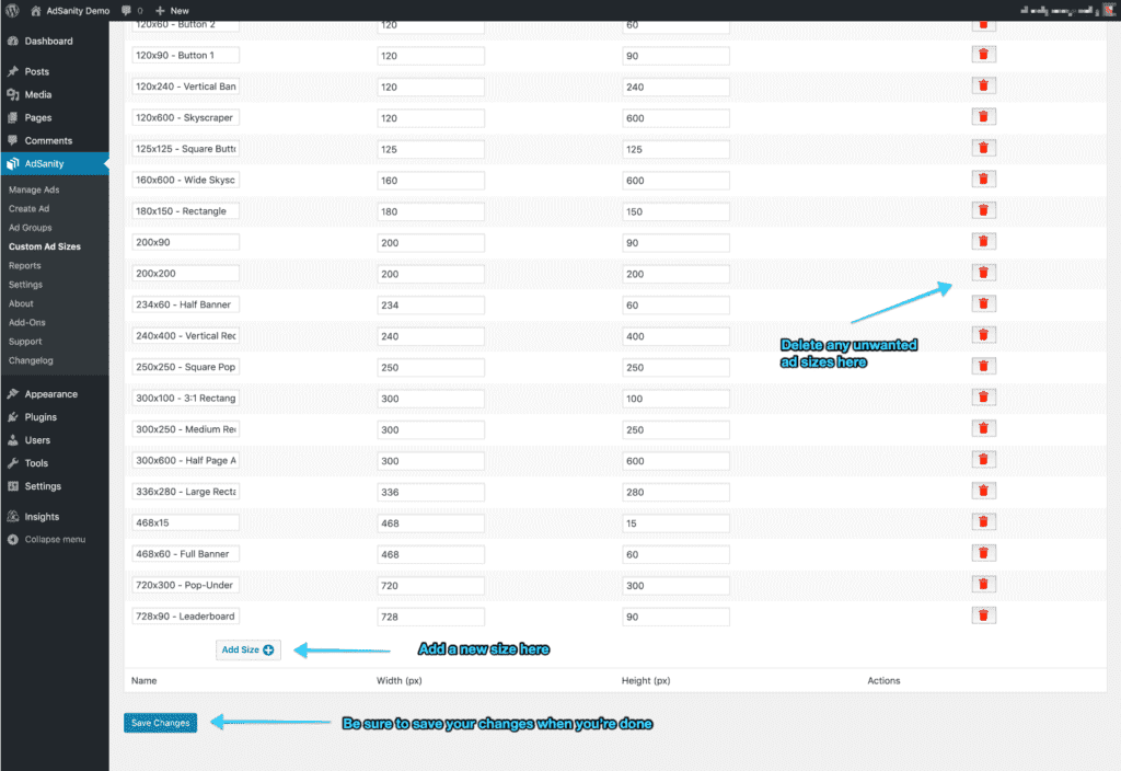 Custom Ad Sizes - The AdSanity Plugin